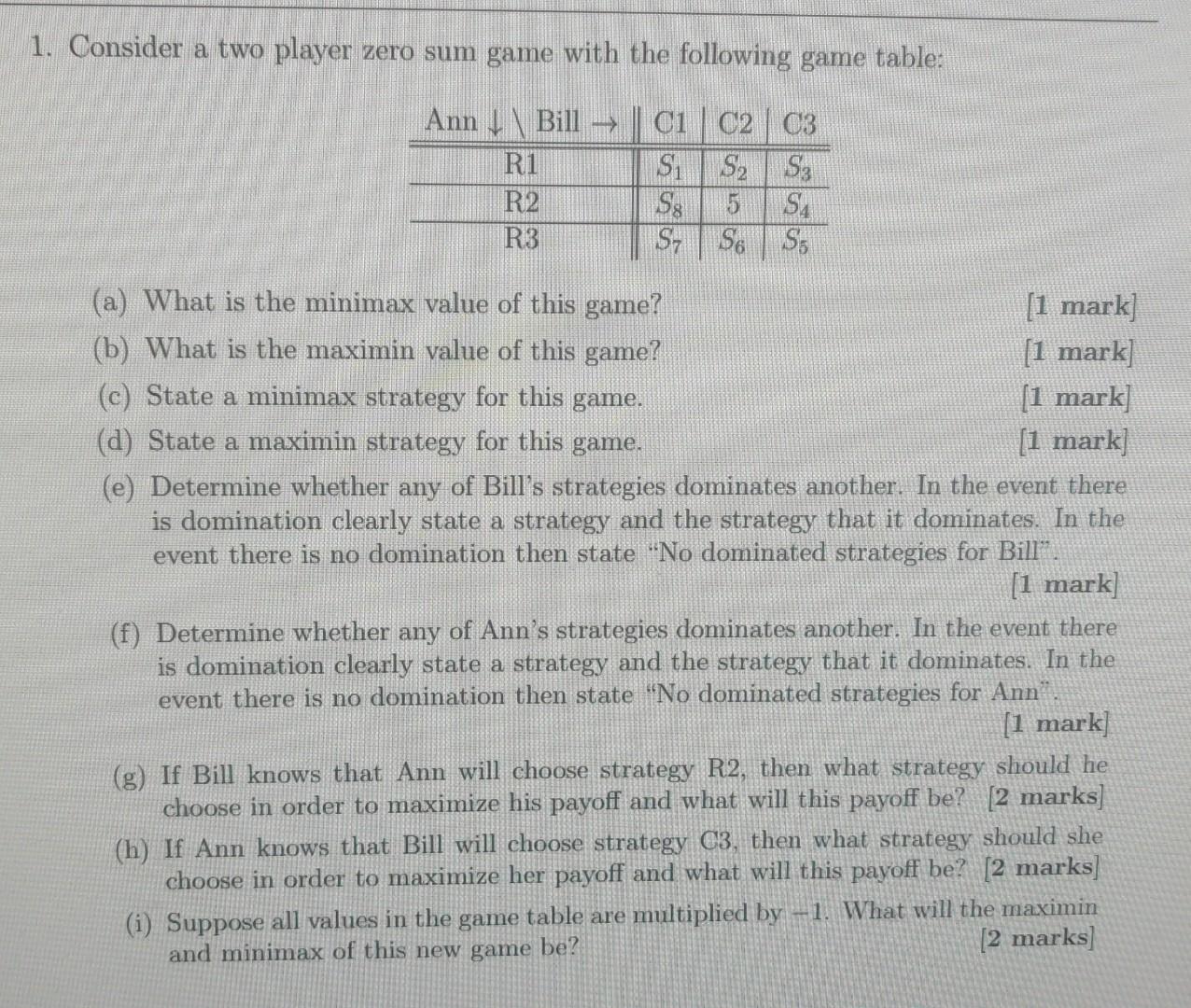 Solved 1. Consider a two player zero sum game with the | Chegg.com