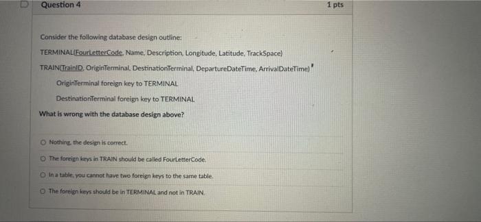 Solved Question 4 1 pts Consider the following database | Chegg.com