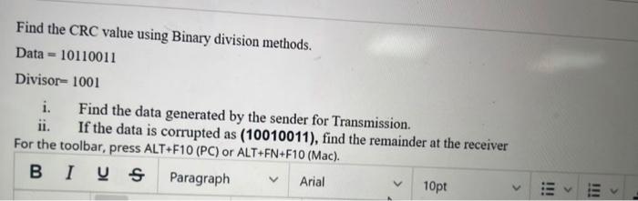 Find the CRC value using Binary division methods. | Chegg.com