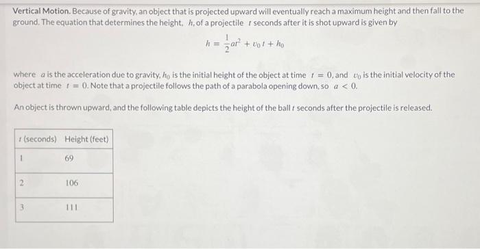Solved Vertical Motion. Because of gravity, an object that | Chegg.com