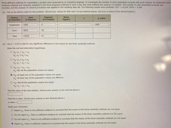 Solved Three different methods for assembling a product were | Chegg.com