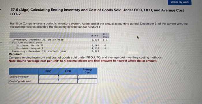Solved E7-6 (Algo) Calculating Ending Inventory and Cost of | Chegg.com