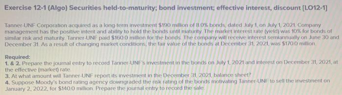 Solved Exercise 12-1 (Algo) Securities held-to-maturity; | Chegg.com