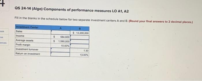 Solved QS 24-14 (Algo) Components of performance measures LO | Chegg.com