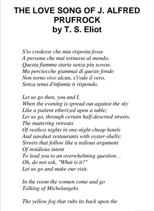 THE LOVE SONG OF J. ALFRED PRUFROCK by T. S. Eliot | Chegg.com