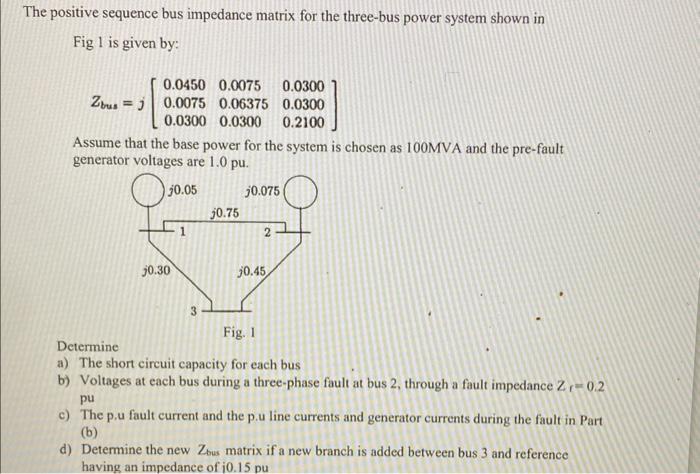 Solved The positive sequence bus impedance matrix for the | Chegg.com