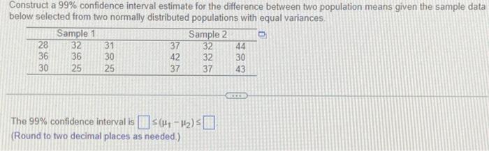 Solved Construct a 99% confidence interval estimate for the | Chegg.com