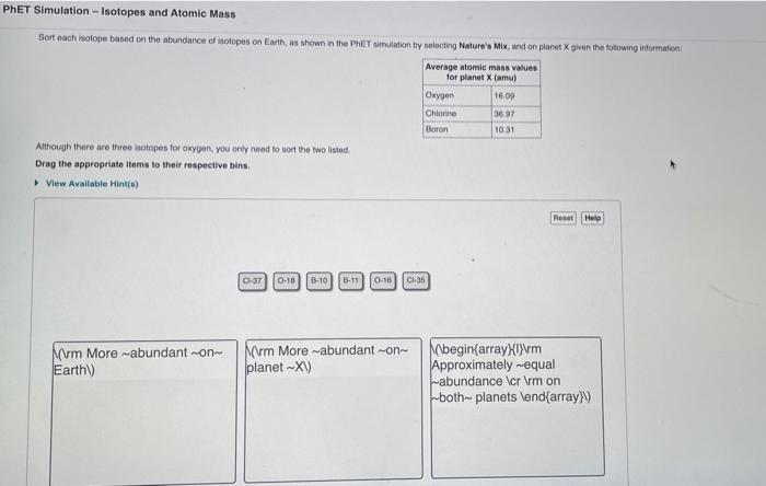 Solved PhET Simulation - Isotopes and Atomic Mass Sort each | Chegg.com