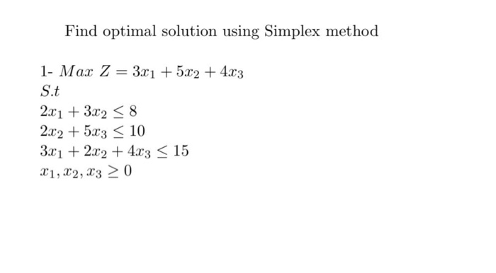 Solved Find optimal solution using Simplex method 1- Max Z= | Chegg.com