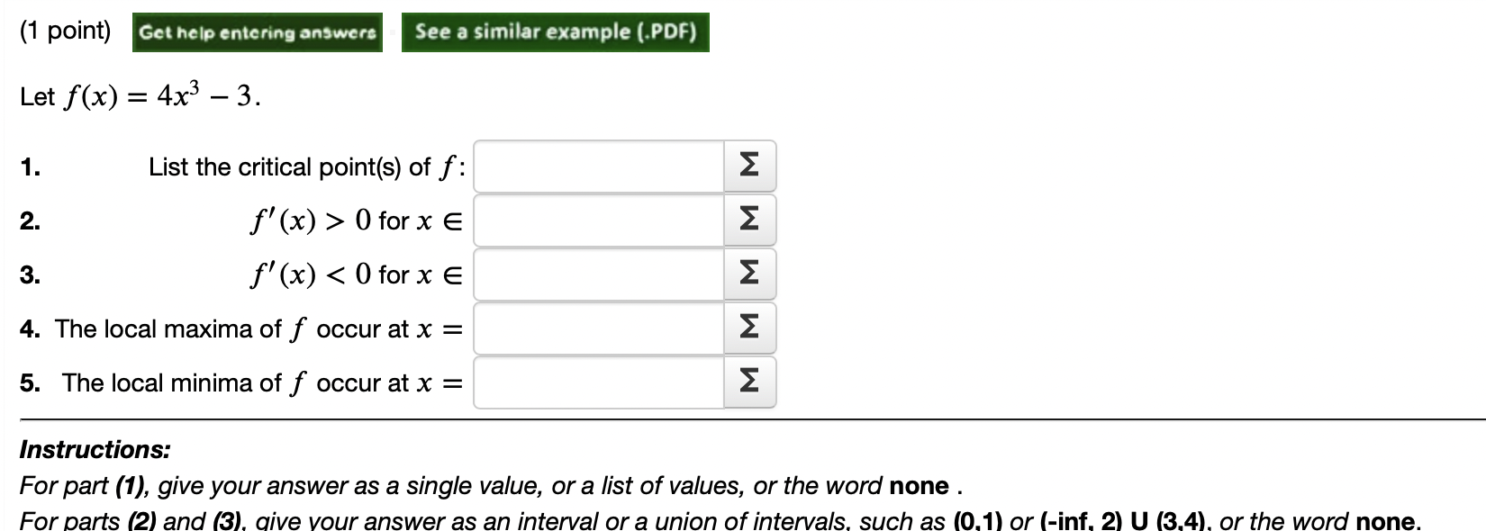 Solved Let f(x)=4x3-3.List the critical point(s) ﻿of f ﻿: | Chegg.com