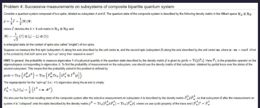 Solved Problem 4: Successive measurements on subsystems of | Chegg.com