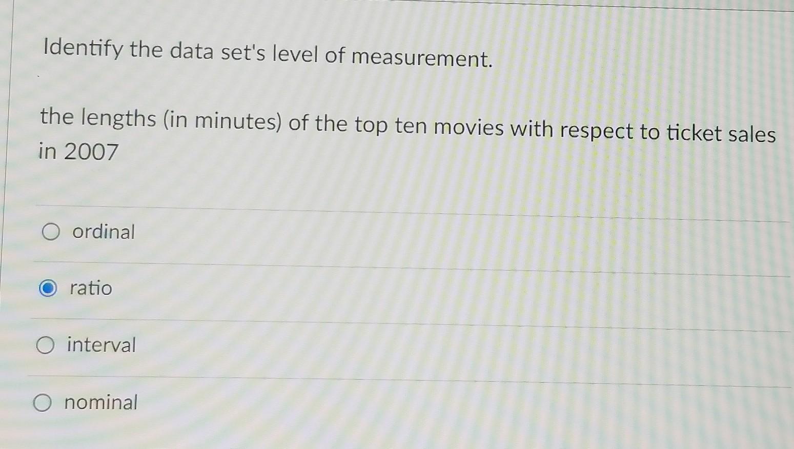 Solved Identify the data set's level of measurement. the | Chegg.com