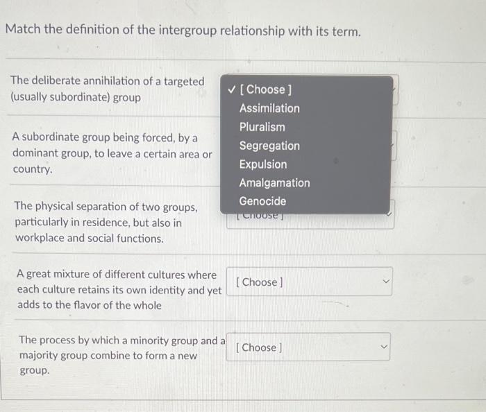 Match the definition of the intergroup relationship | Chegg.com