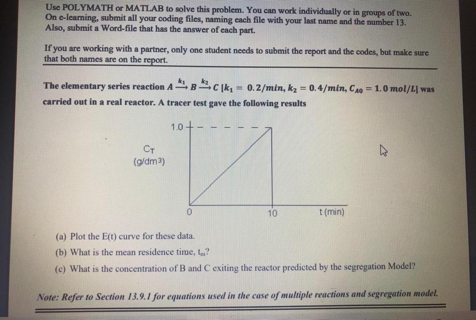 Solved Use Polymath Or Matlab To Solve This Problem You Can