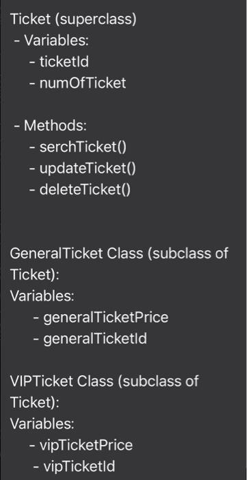 Ticket (superclass) - Variables: - ticketld - | Chegg.com