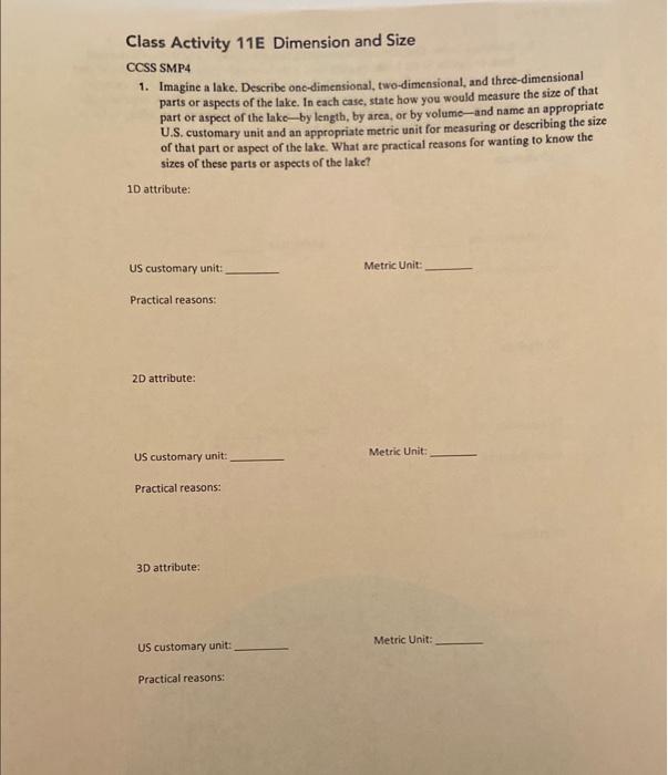 Solved Class Activity 11E Dimension and Size CCSS SMP4 1. | Chegg.com