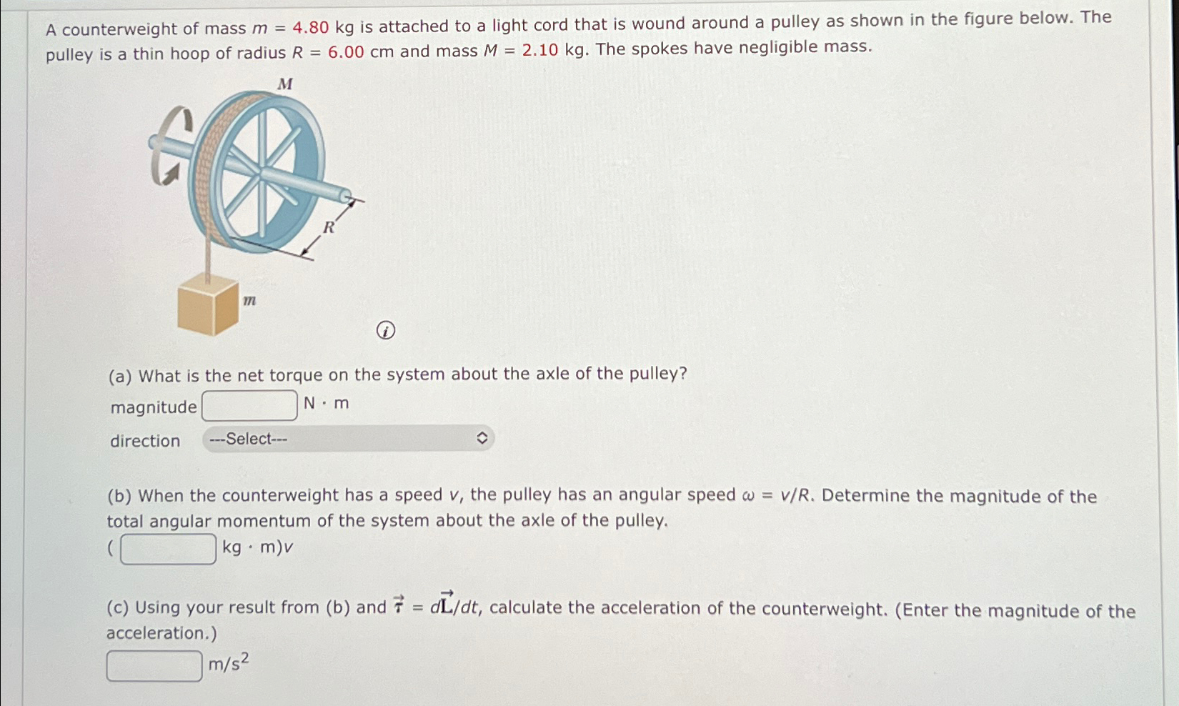 Solved A counterweight of mass m=4.80kg ﻿is attached to a | Chegg.com