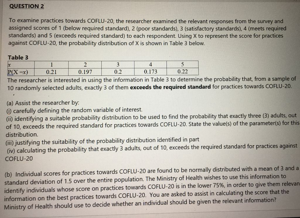 Solved QUESTION 2 To examine practices towards COFLU-20, the | Chegg.com