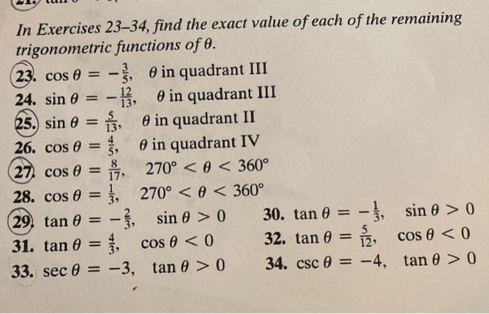 Solved - In Exercises 23–34, find the exact value of each of | Chegg.com