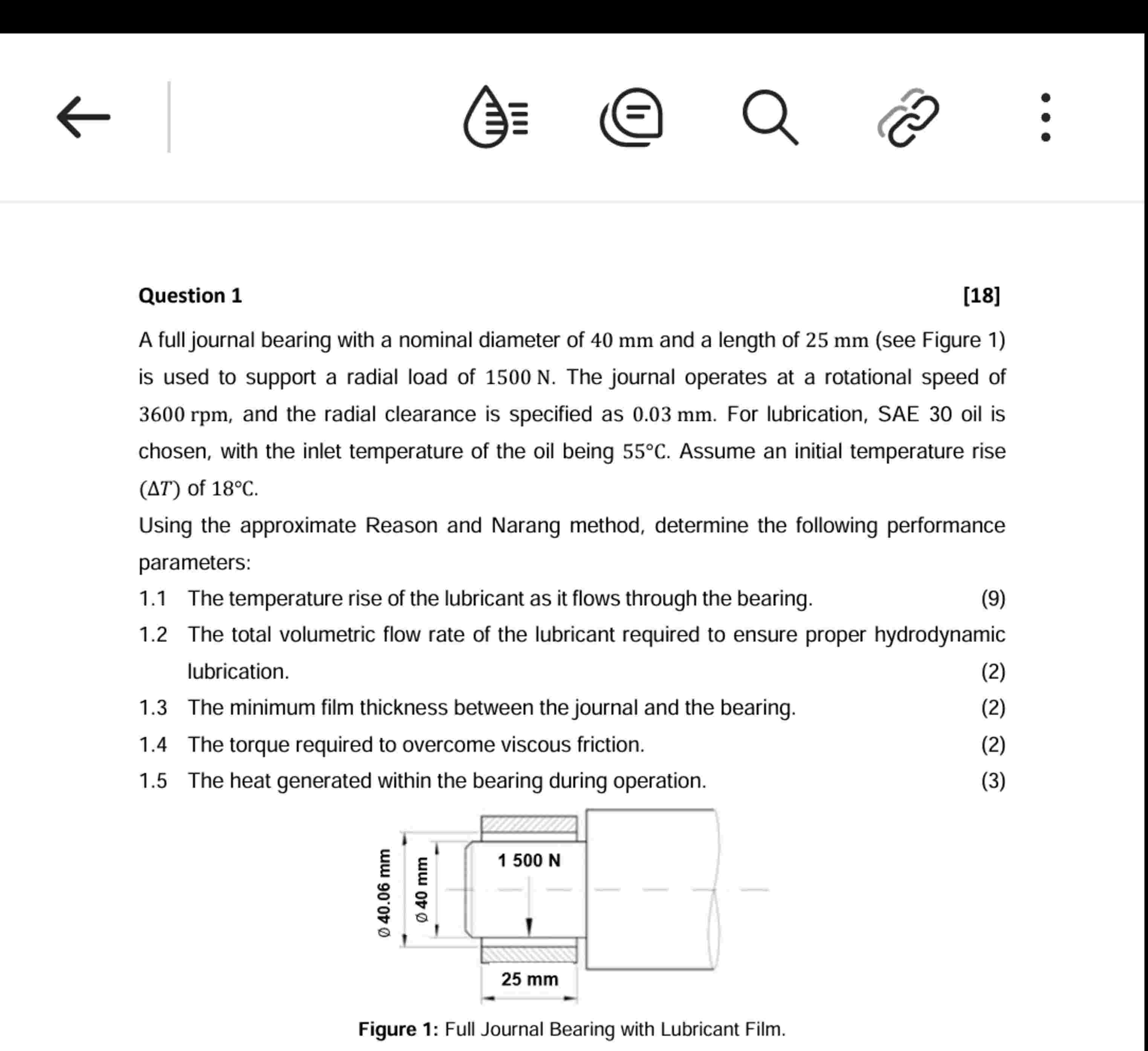 Solved Question 1 ﻿A full journal bearing with a nominal | Chegg.com