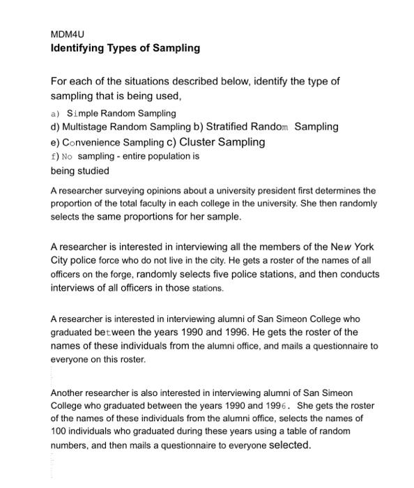 Solved MDM4U Identifying Types of Sampling For each of the | Chegg.com