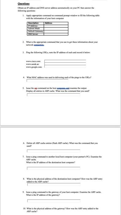 Solved Questions Obtain an IP address and DNS server address | Chegg.com