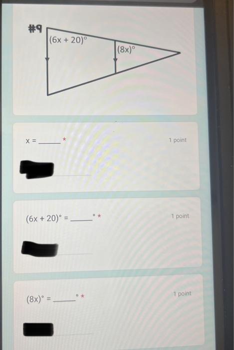 Solved (6x+20)∘= (8x)∘= | Chegg.com