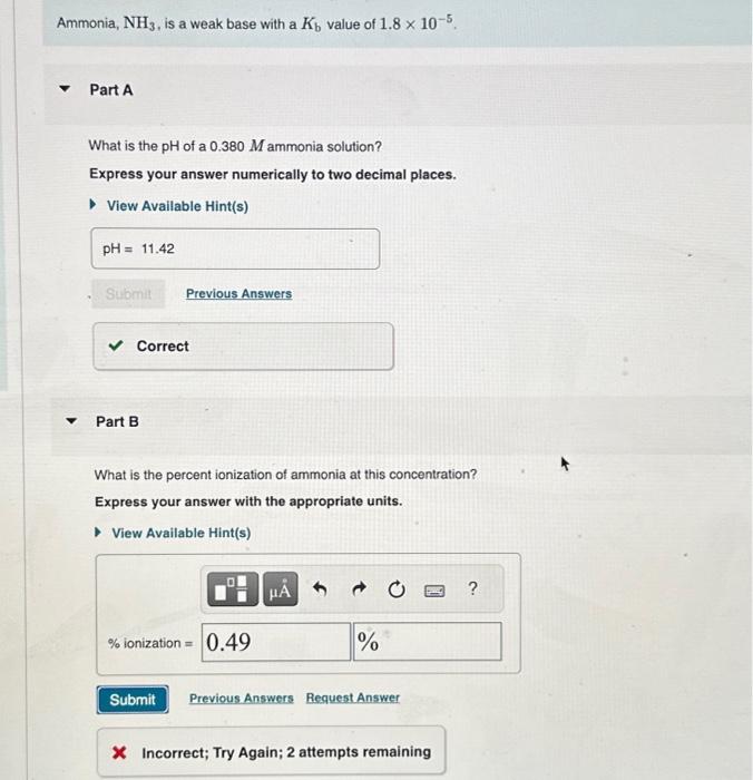 Solved Ammonia, NH3, is a weak base with a Kb value of | Chegg.com