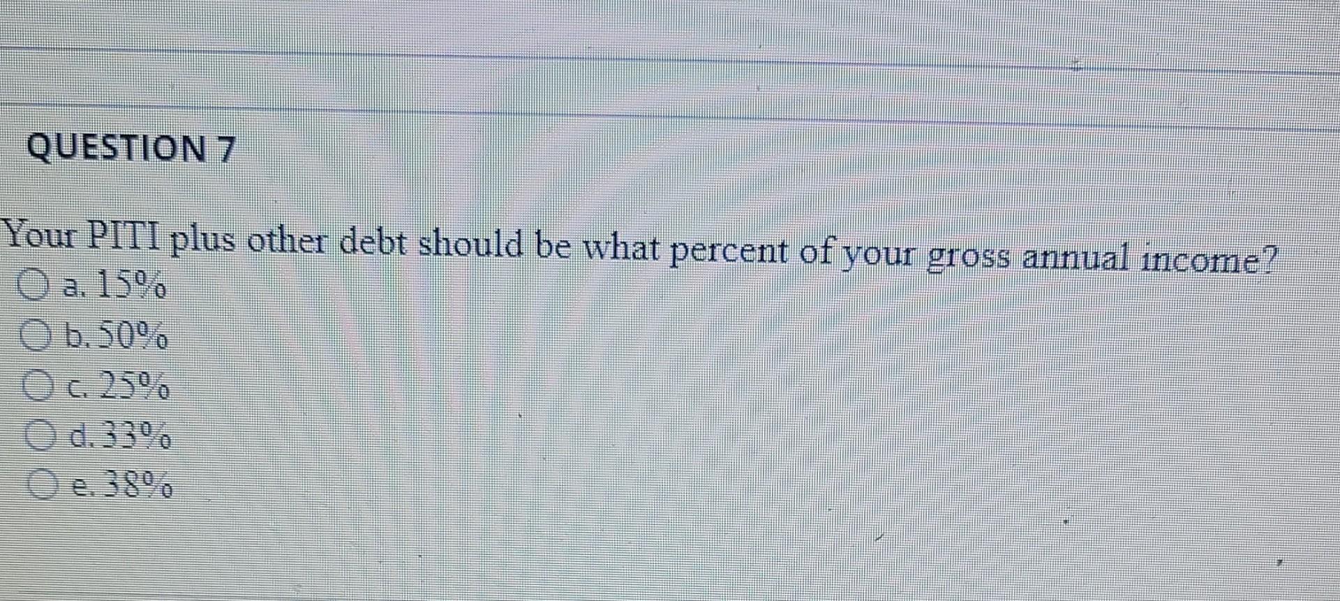 Solved QUESTION 7 Your PITI plus other debt should be what | Chegg.com