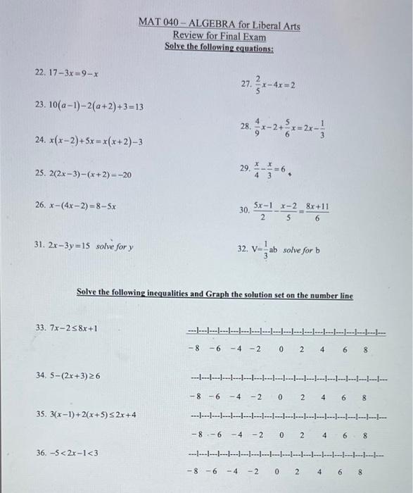 Solved MAT 040 - ALGEBRA for Liberal Arts Review for Final | Chegg.com