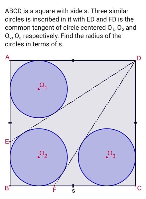 Solved ABCD is a square with side s. Three similar circles | Chegg.com