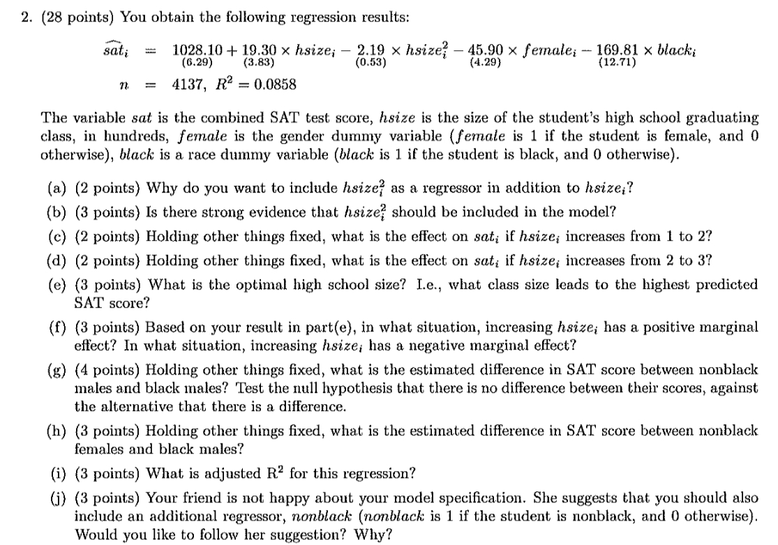 Solved (28 ﻿points) ﻿You obtain the following regression | Chegg.com