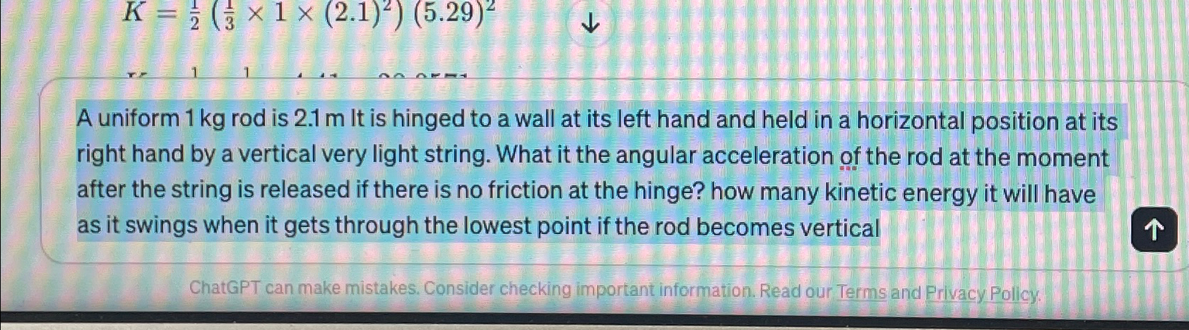 Solved A uniform 1kg ﻿rod is 2.1m ﻿It is hinged to a wall at | Chegg.com