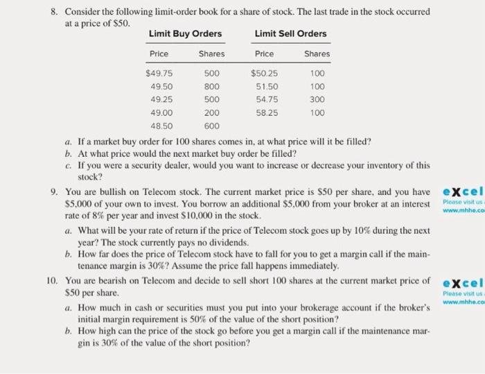 Solved 8. Consider the following limit-order book for a | Chegg.com