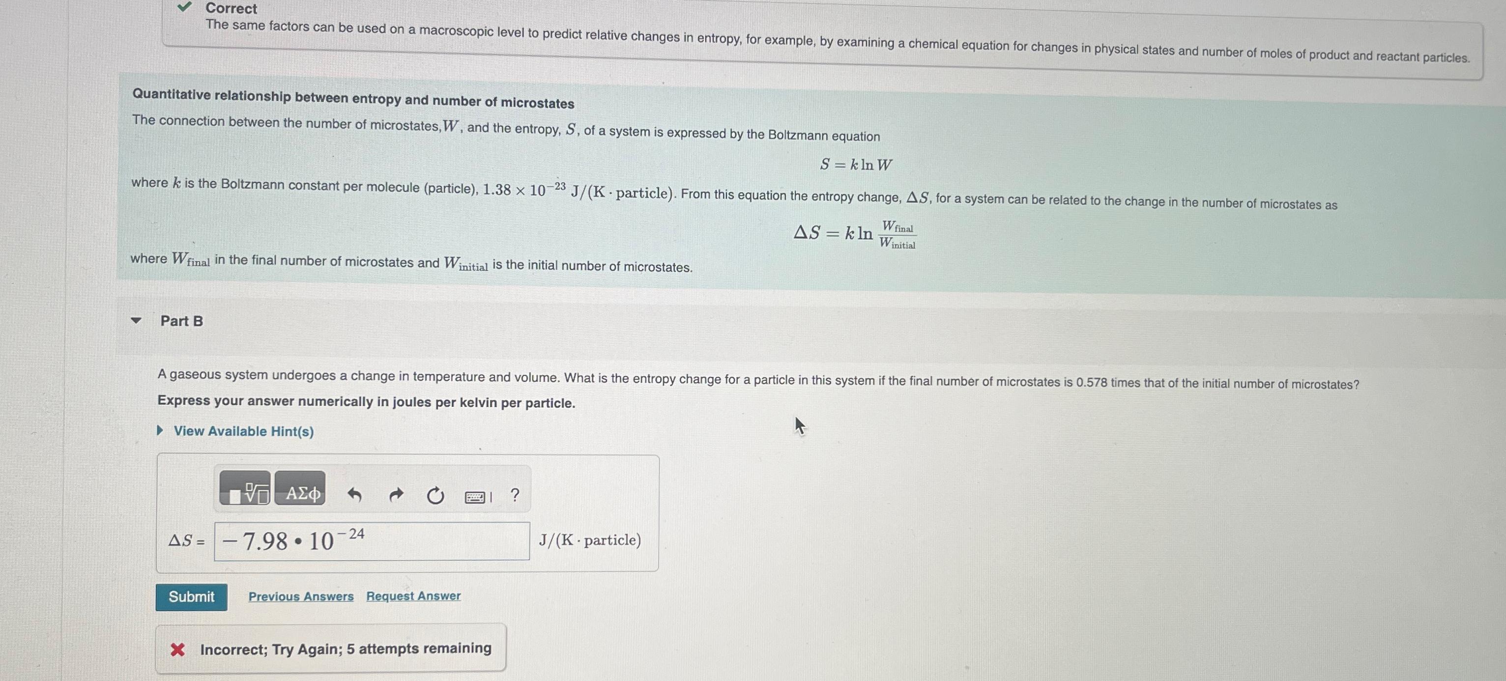 Solved CorrectQuantitative relationship between entropy and | Chegg.com