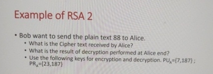 Example of RSA 2Bob want to send the plain text 88 | Chegg.com
