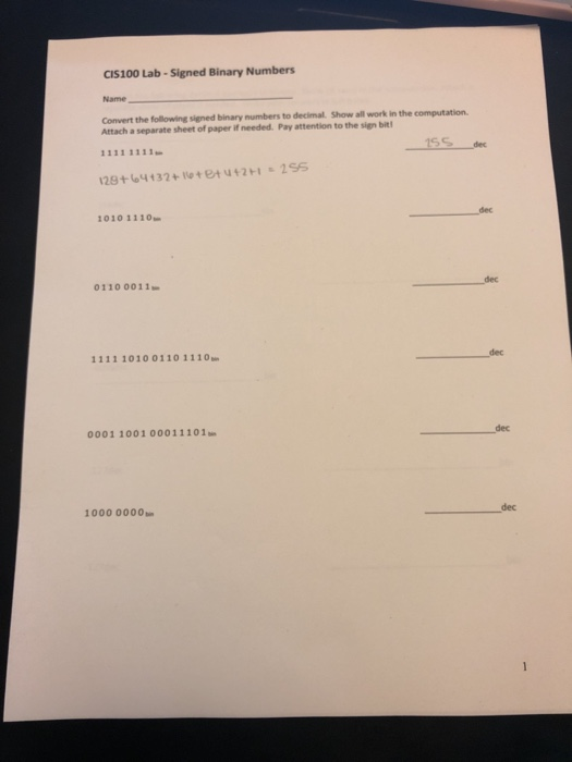 Solved Cis100 Lab Signed Binary Numbers Name Convert The 9347