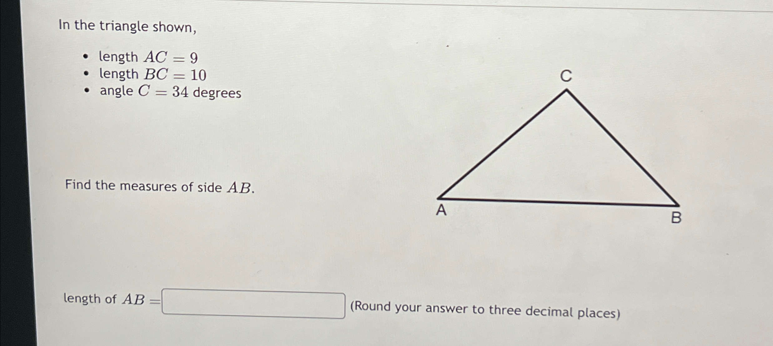Solved In the triangle shown,length AC=9length BC=10angle | Chegg.com