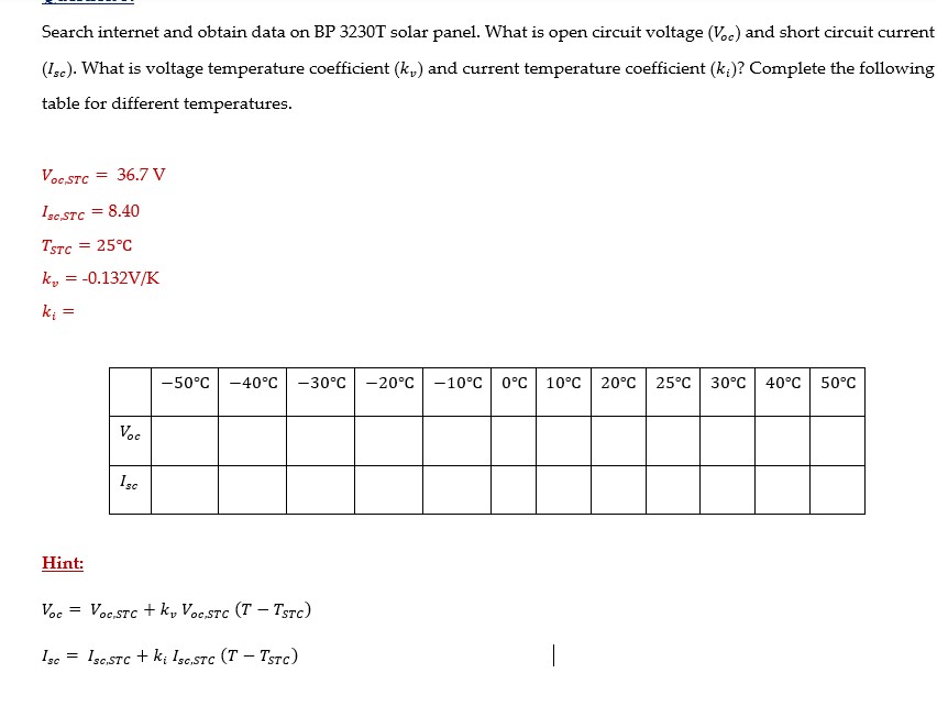 Solved Search internet and obtain data on BP 3230T solar | Chegg.com