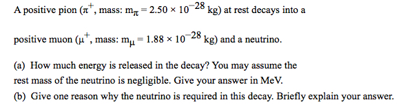 Solved A positive pion ( π+, ﻿mass: mπ=2.50×10-28kg ) ﻿at | Chegg.com