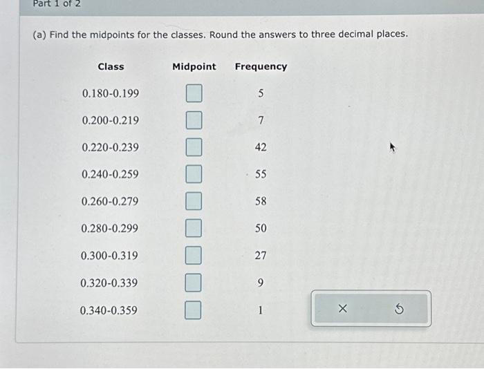 Solved (a) Find the midpoints for the classes. Round the | Chegg.com