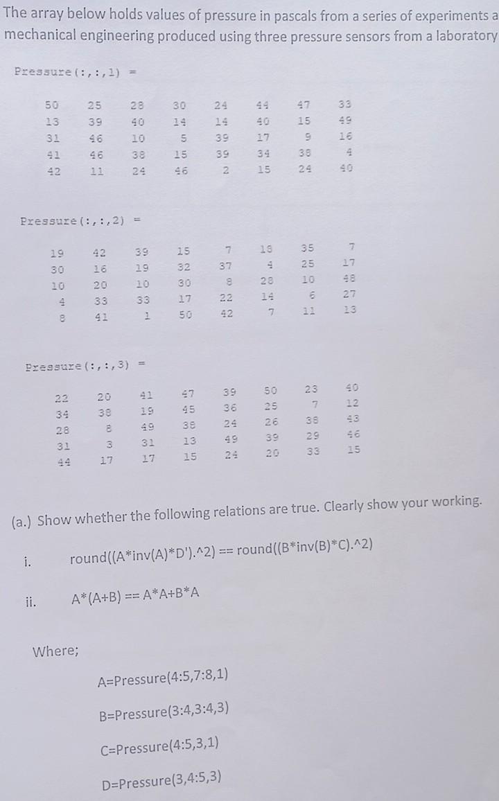 Solved The array below holds values of pressure in pascals | Chegg.com