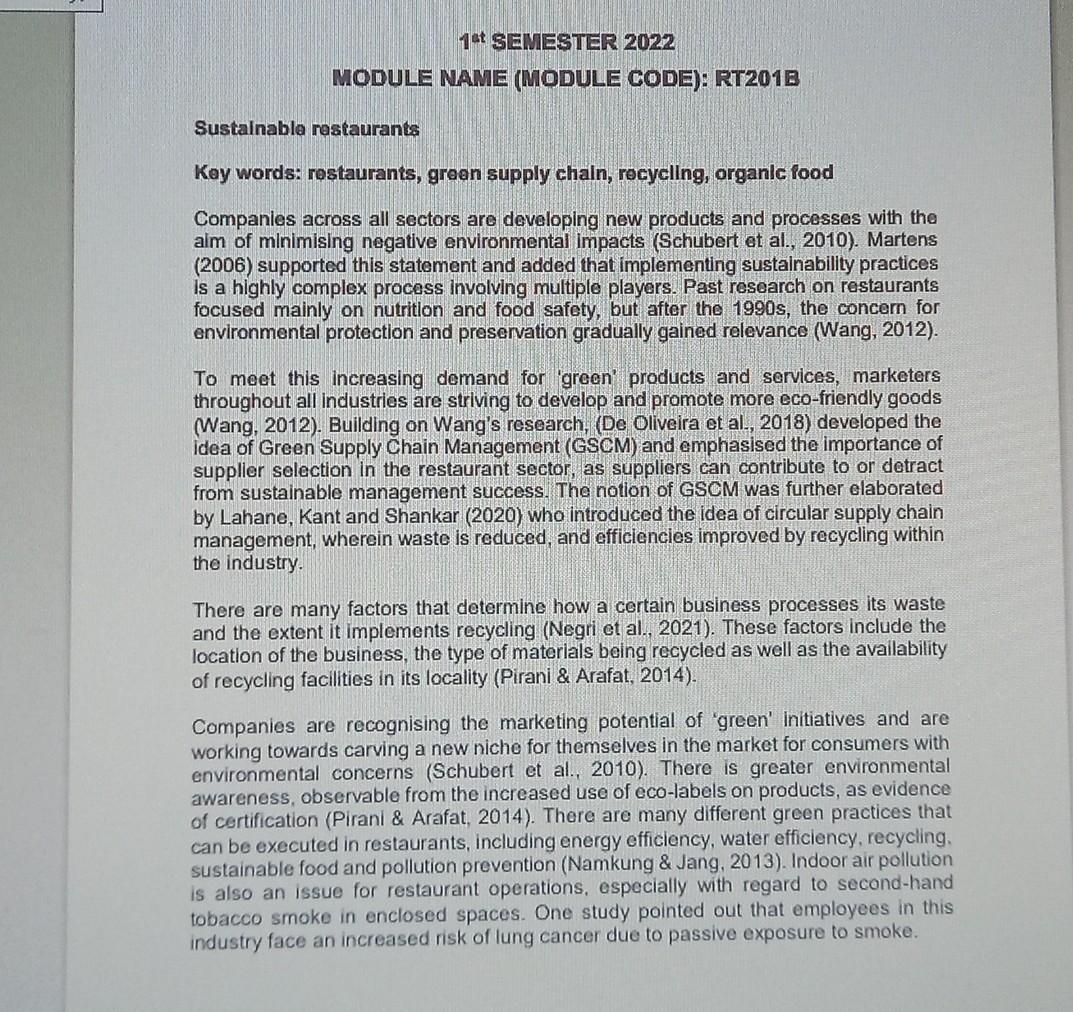 1st SEMESTER 2022 MODULE NAME (MODULE CODE): RT201B | Chegg.com