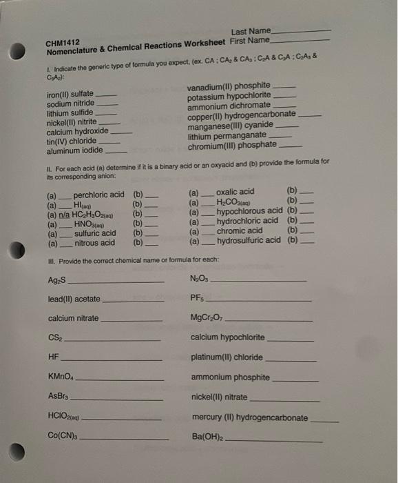 Solved CHM1412 Last Name Nomenclature & Chemical Reactions | Chegg.com