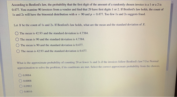 Solved According to Benford's law, the probability that the | Chegg.com