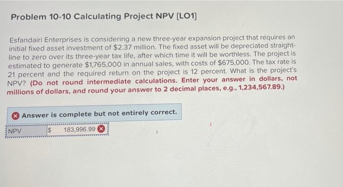 Solved Problem 10-10 Calculating Project NPV (LO1) | Chegg.com