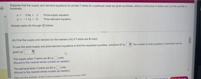 Solved Suppose that the supply and demand equations for | Chegg.com