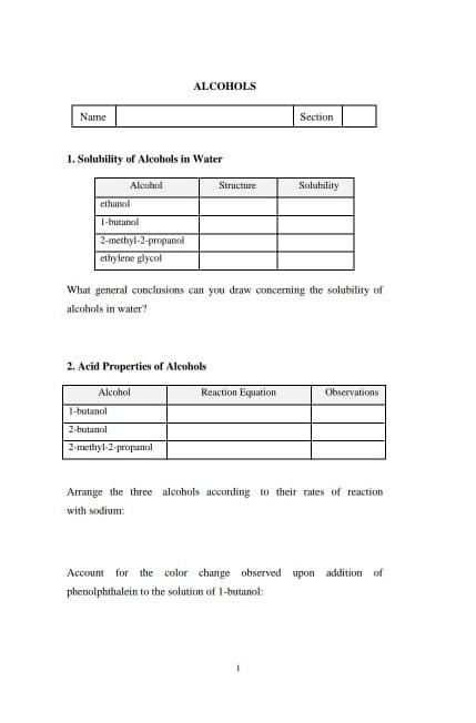 Solved ALCOHOLS Name Section 1. Solubility of Alcohols in | Chegg.com