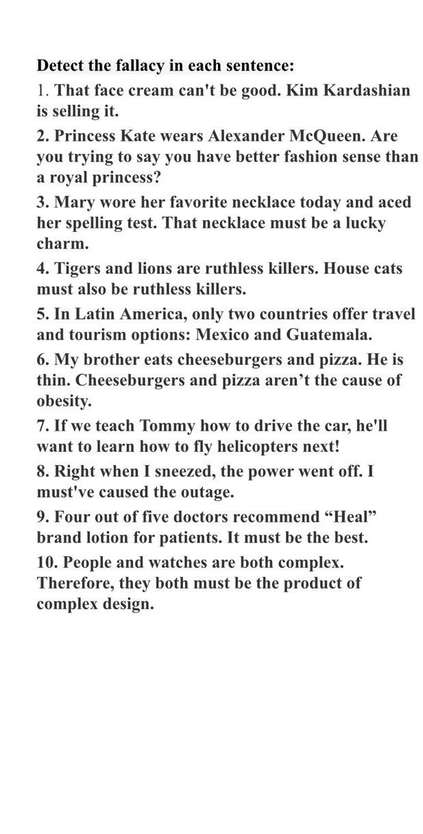 Detect the fallacy in each sentence: 1. That face | Chegg.com