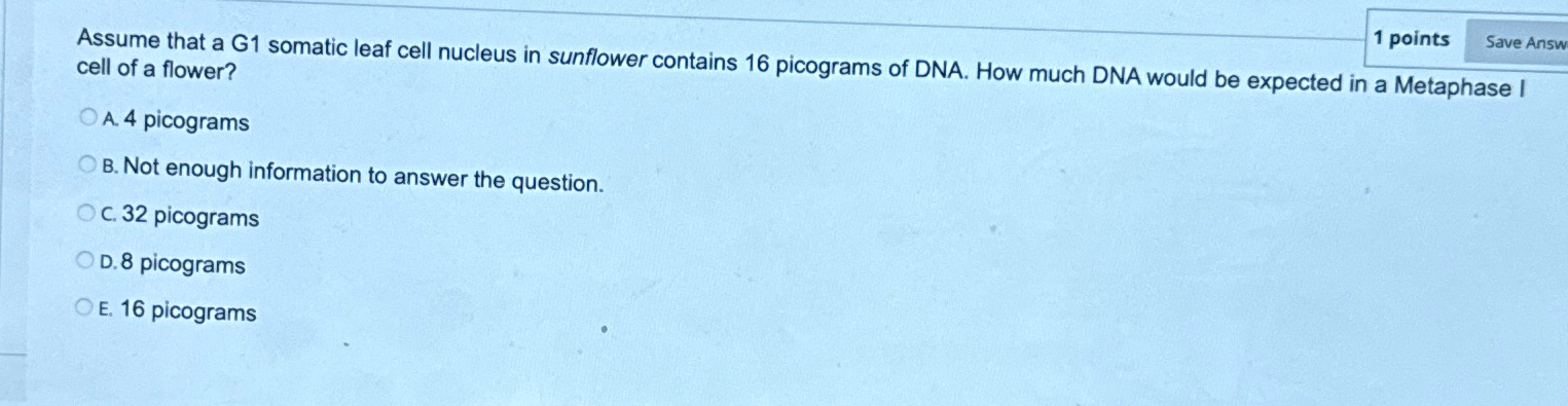 Solved 1 ﻿pointsAssume that a G1 ﻿somatic leaf cell nucleus | Chegg.com